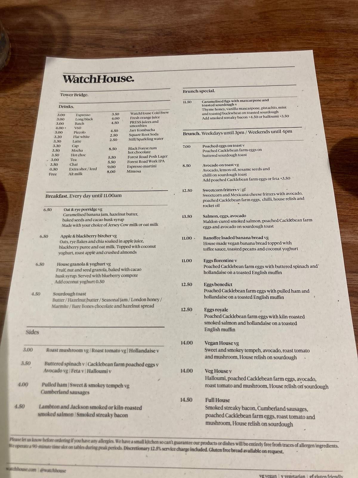 Menu at WatchHouse Tower Bridge cafe, London, 37 Shad Thames