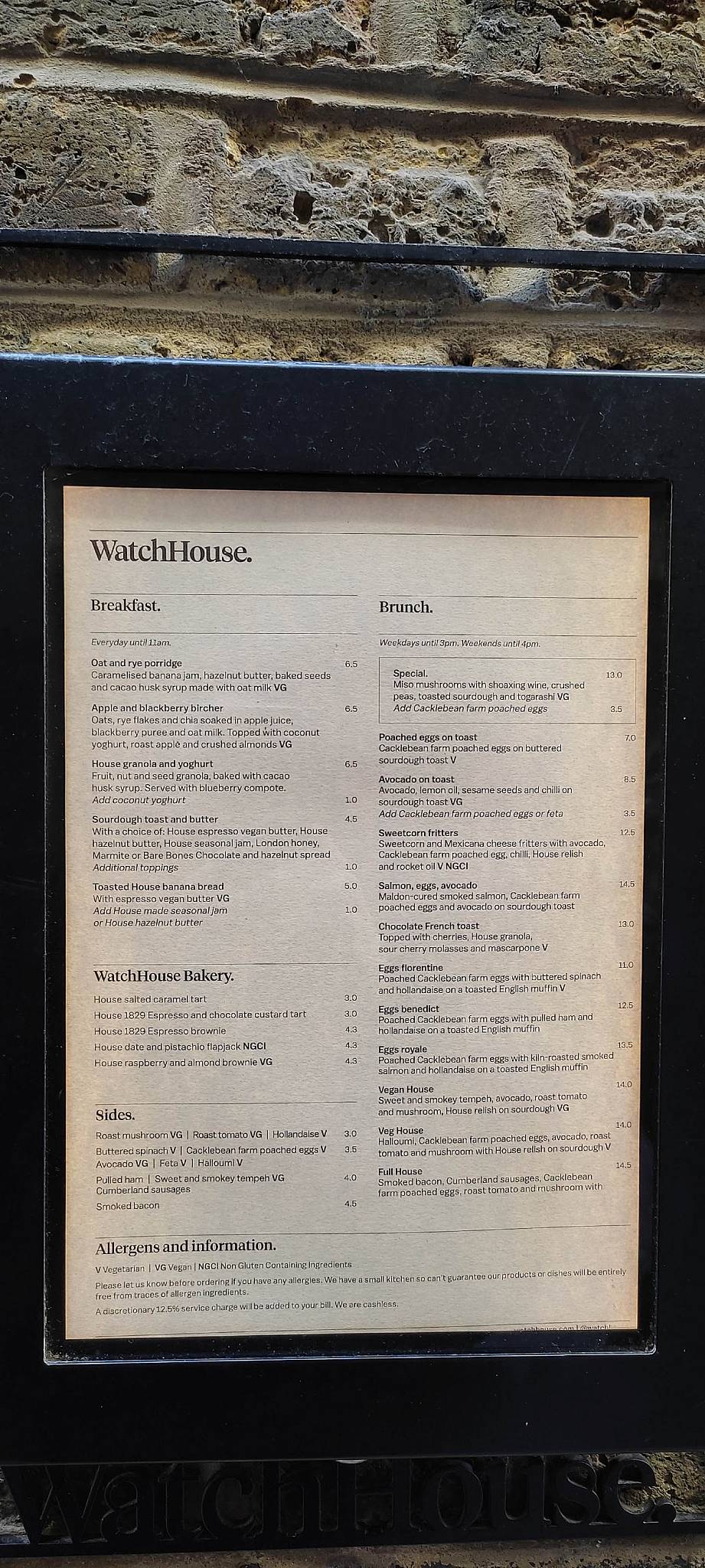 Menu at WatchHouse Tower Bridge cafe, London, 37 Shad Thames