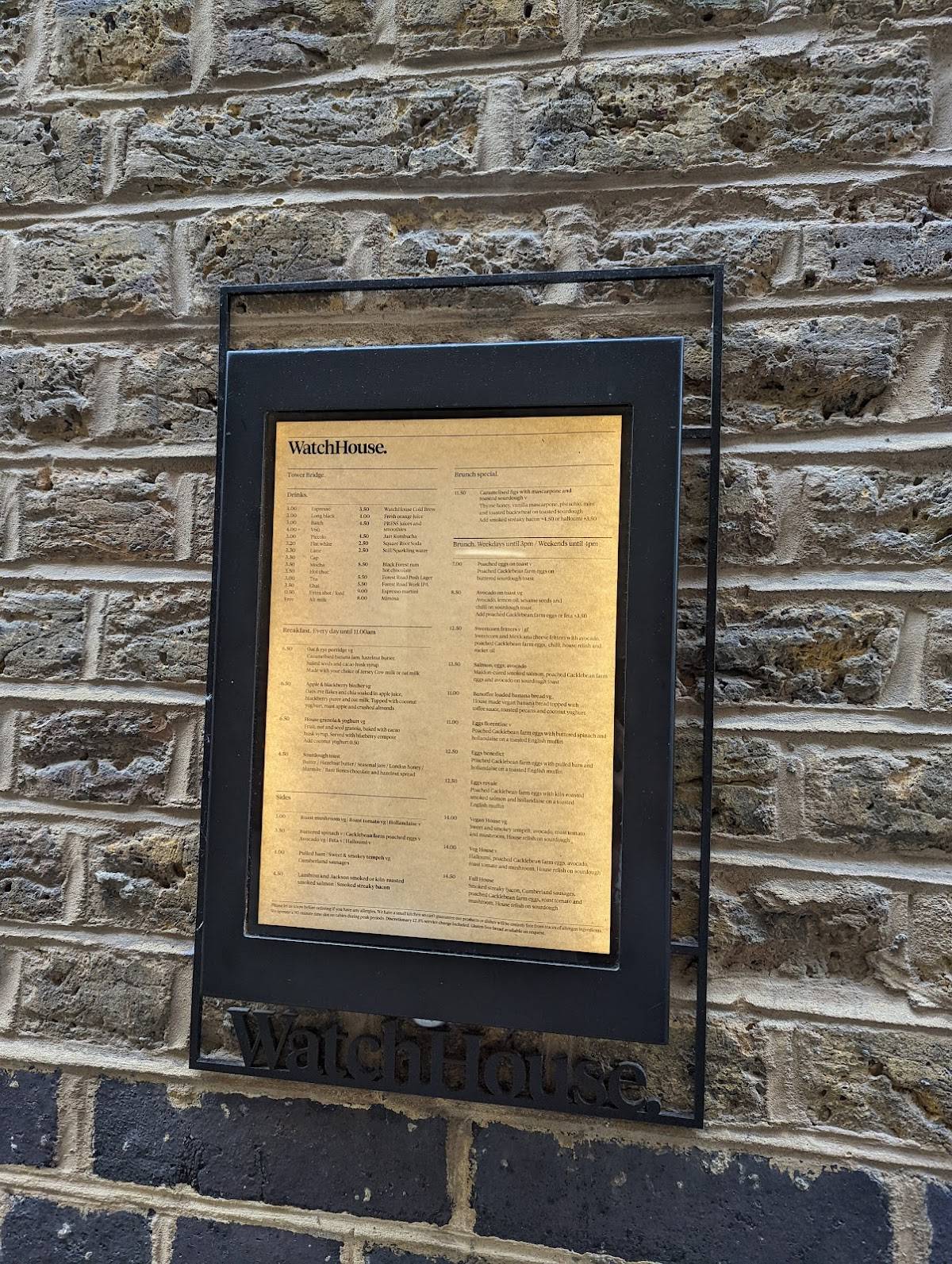 Menu at WatchHouse Tower Bridge cafe, London, 37 Shad Thames