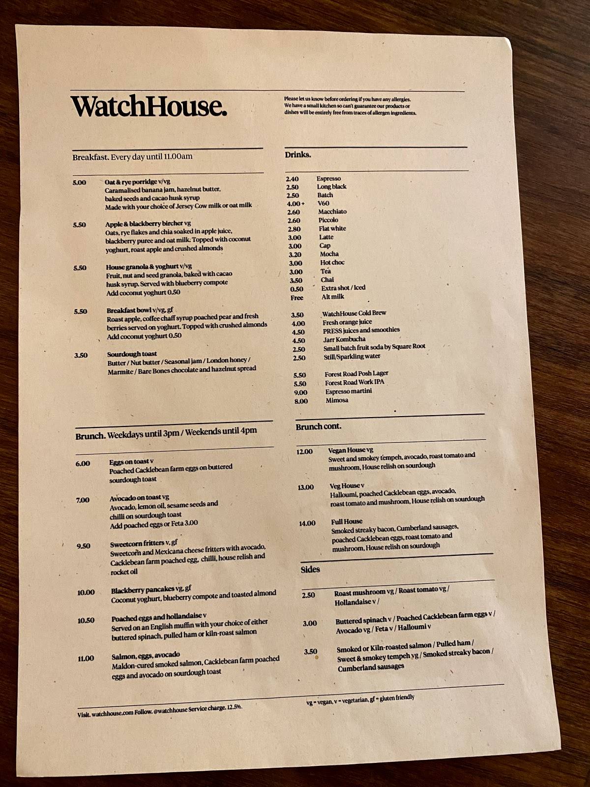 Menu at WatchHouse Tower Bridge cafe, London, 37 Shad Thames