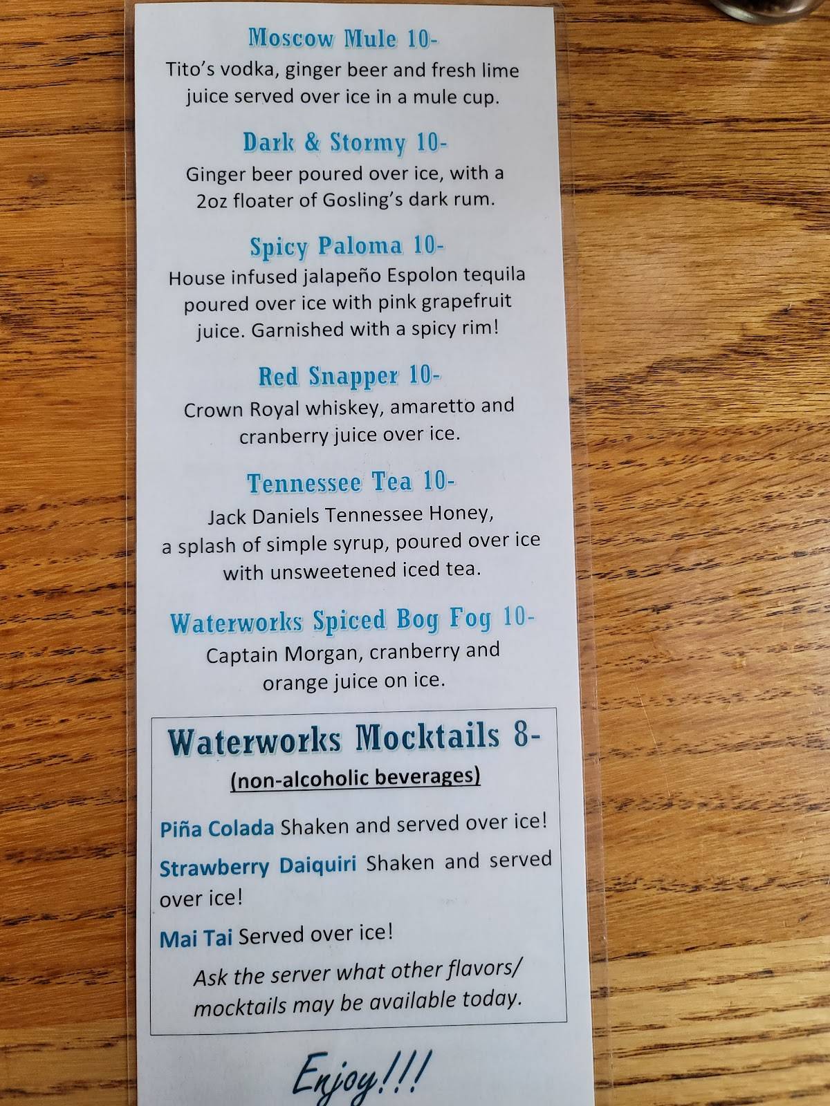 Menu at Waterworks Restaurant, Rockland
