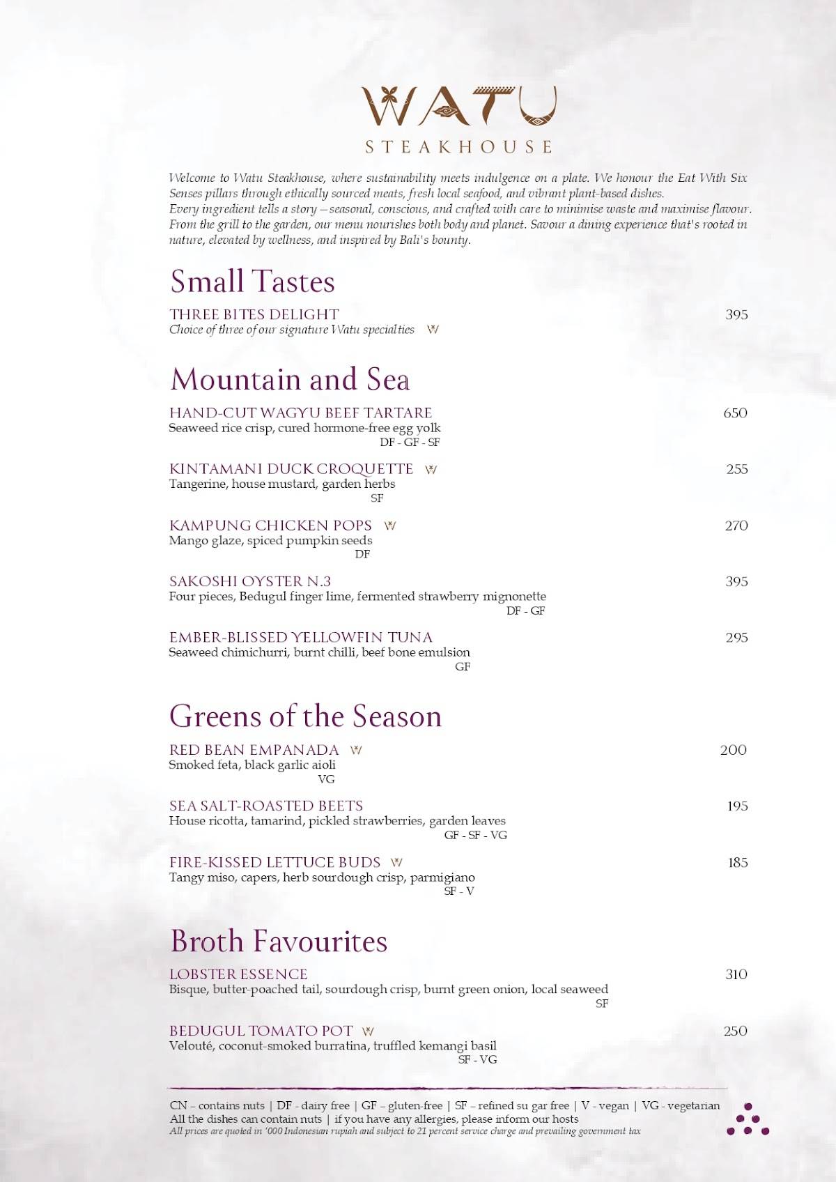 Menu at Watu Steakhouse at Six Senses Uluwatu, Bali, Pecatu