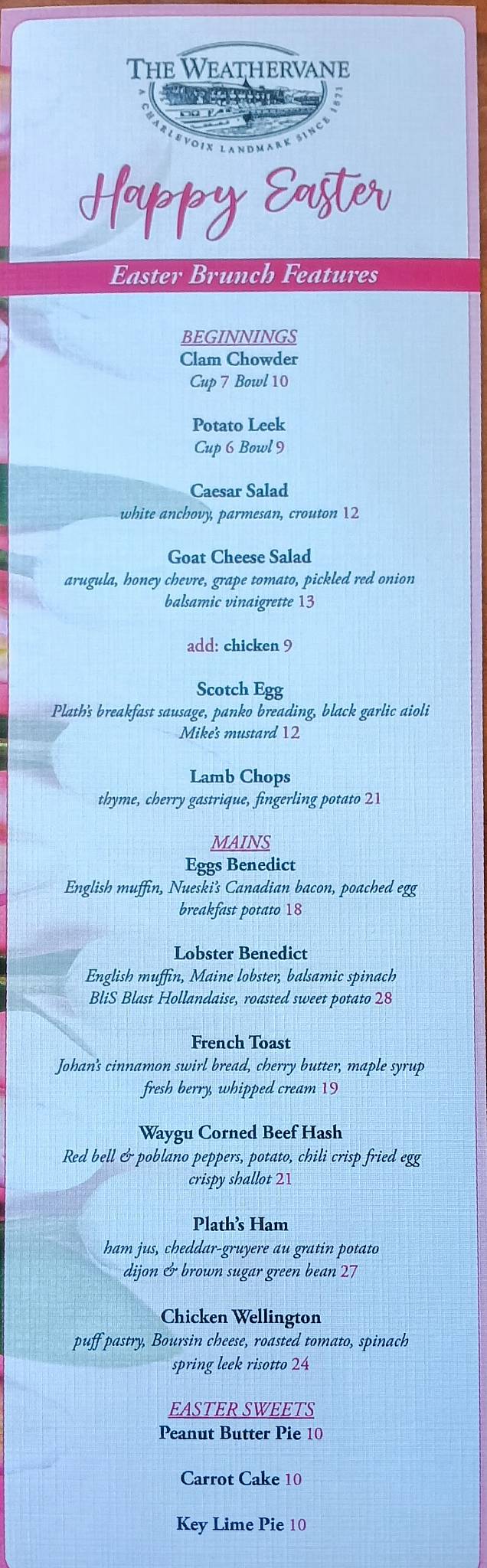 Menu at Weathervane Restaurant, Charlevoix