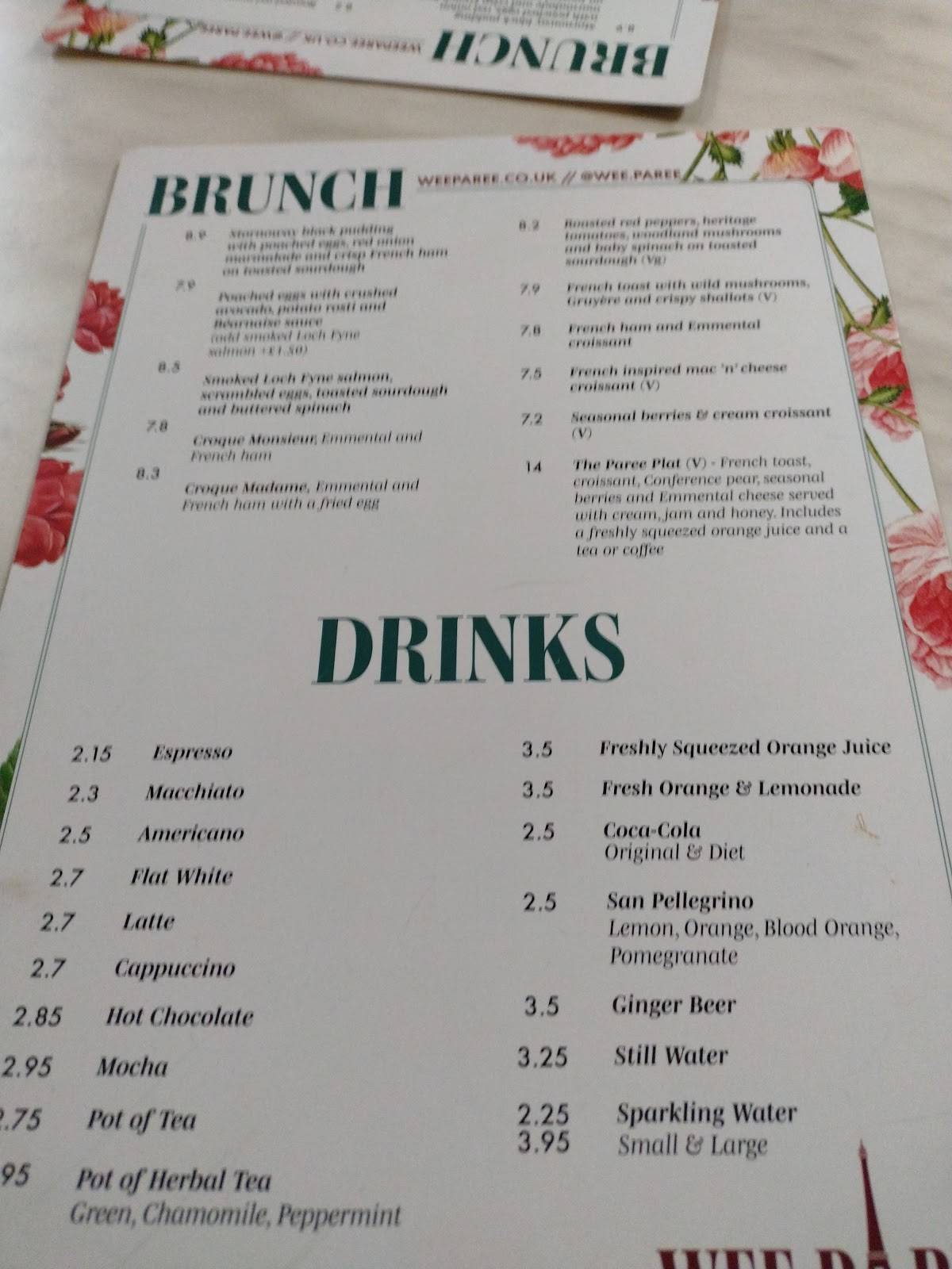 Menu at Wee Paree restaurant, Glasgow