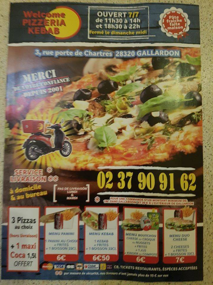 Menu au Welcome Pizzeria Gallardon, Gallardon
