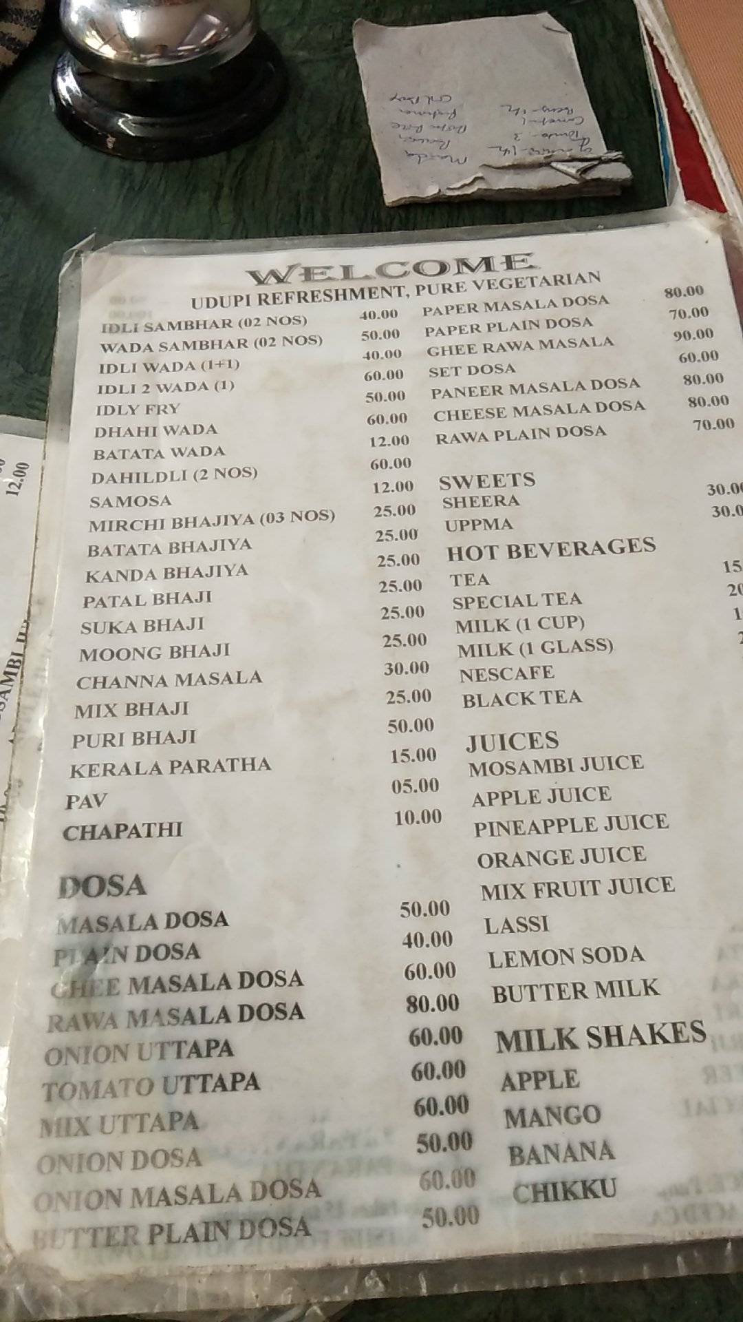 Menu at Welcome Restaurant, Vasco da Gama