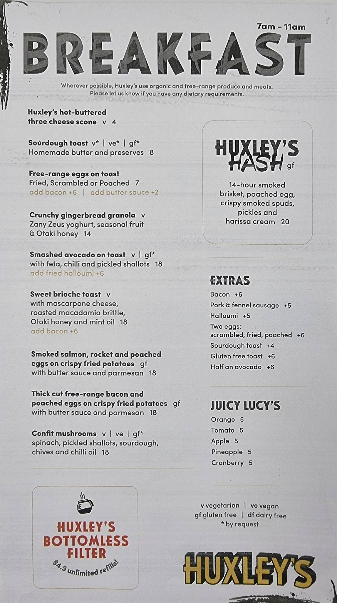 Menu at Huxley's restaurant, Wellington