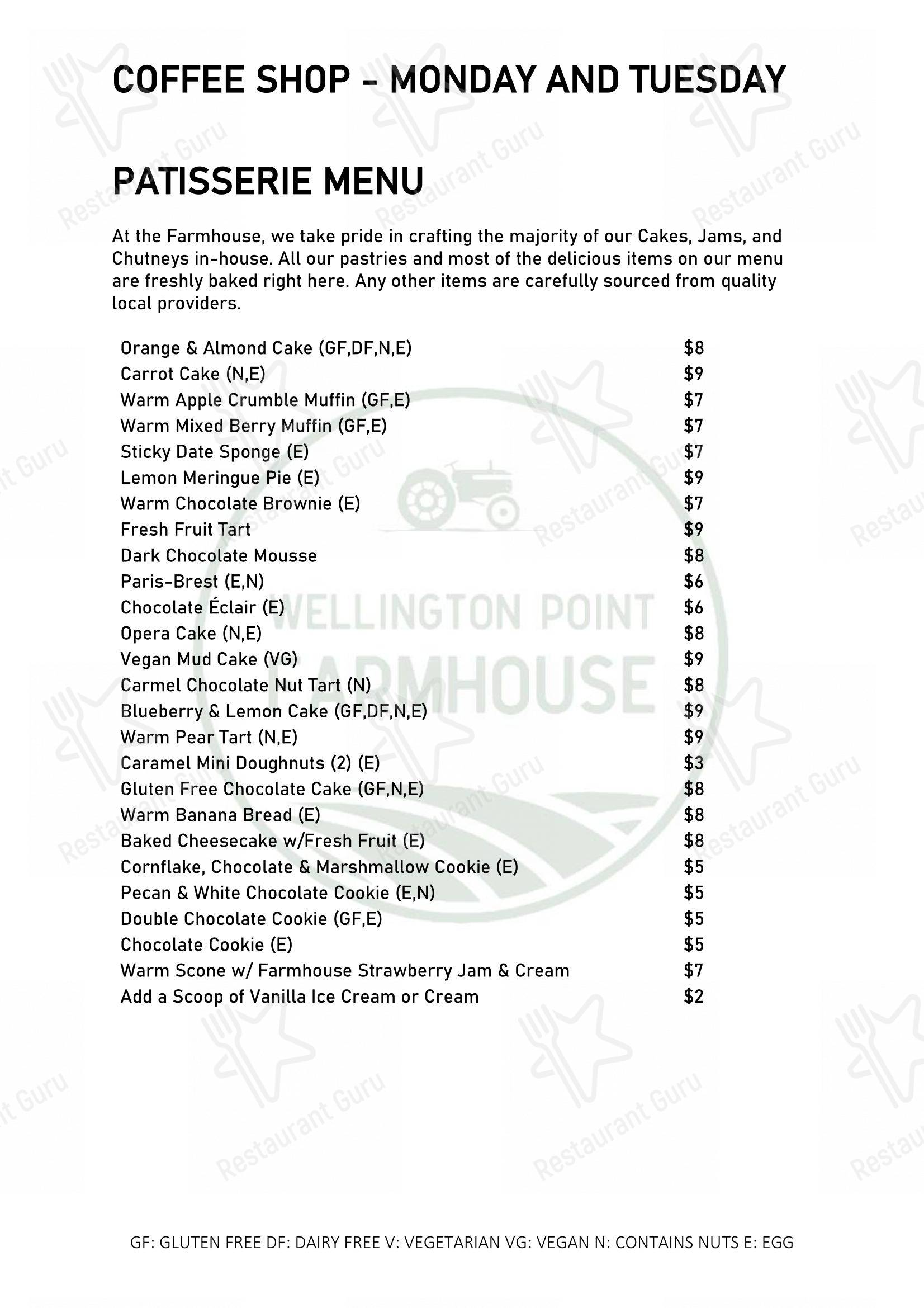 Menu at Wellington Point Farmhouse restaurant, Wellington Point