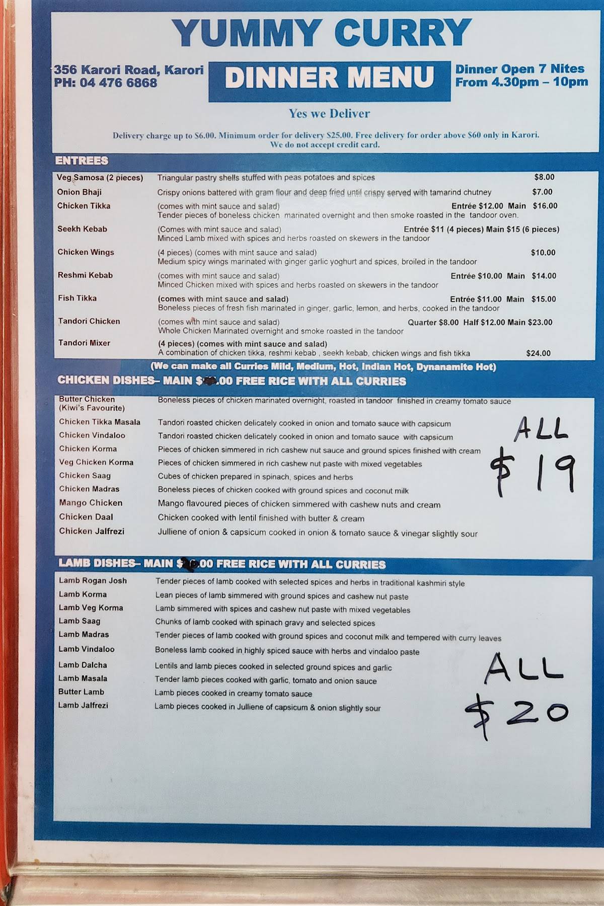 Menu at Yummy Curry fast food, Wellington
