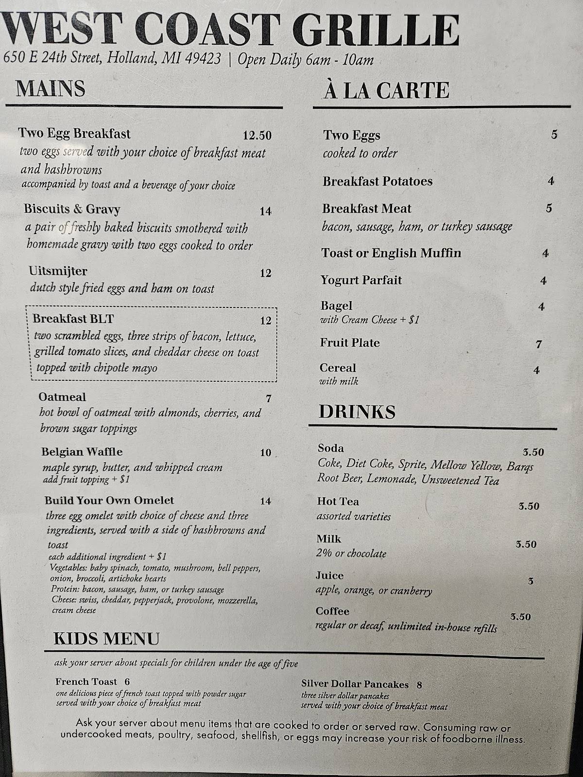 Menu at West Coast Grille restaurant, Holland