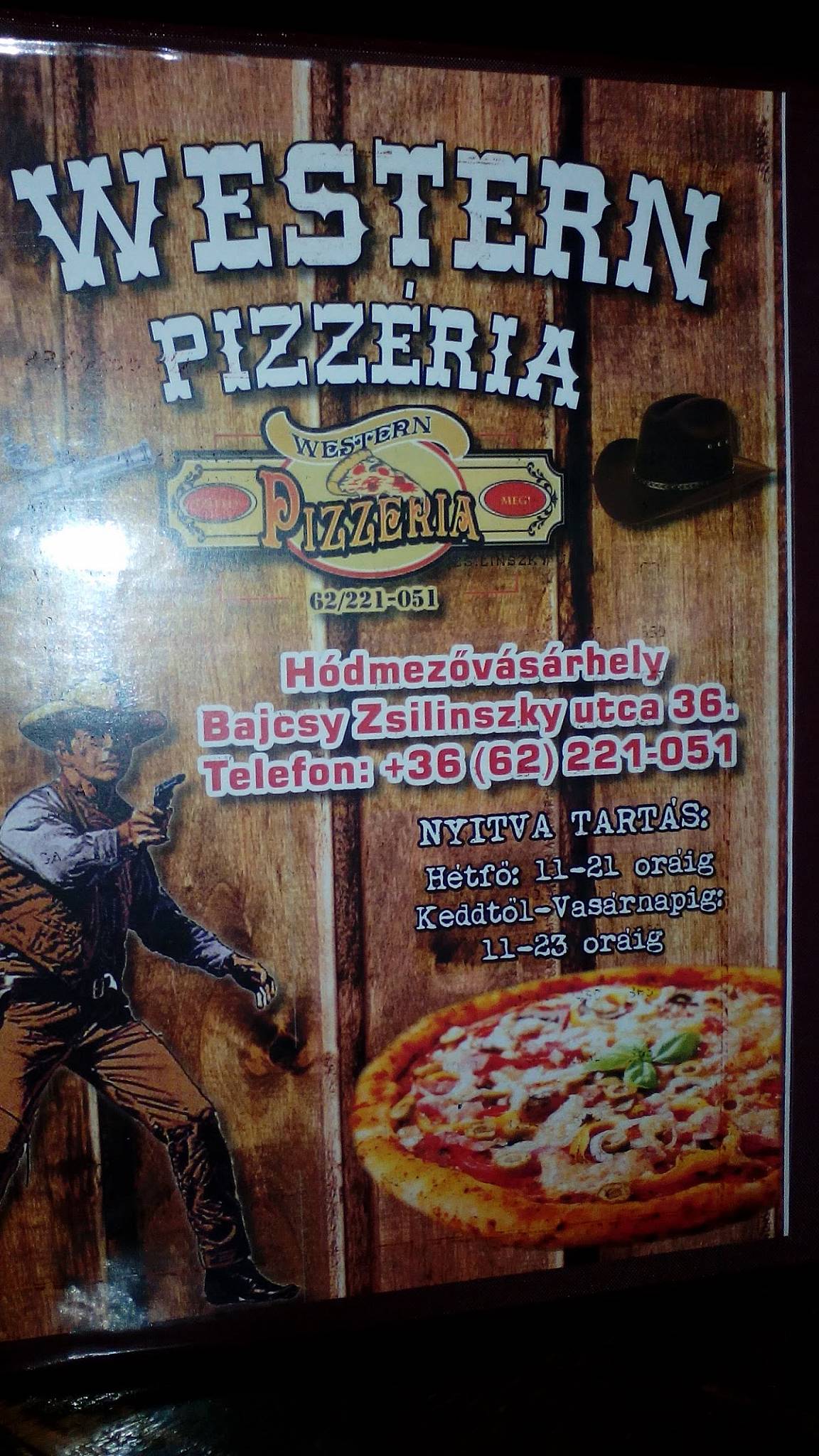 Menu at Western Pizzéria restaurant, Hódmezővásárhely