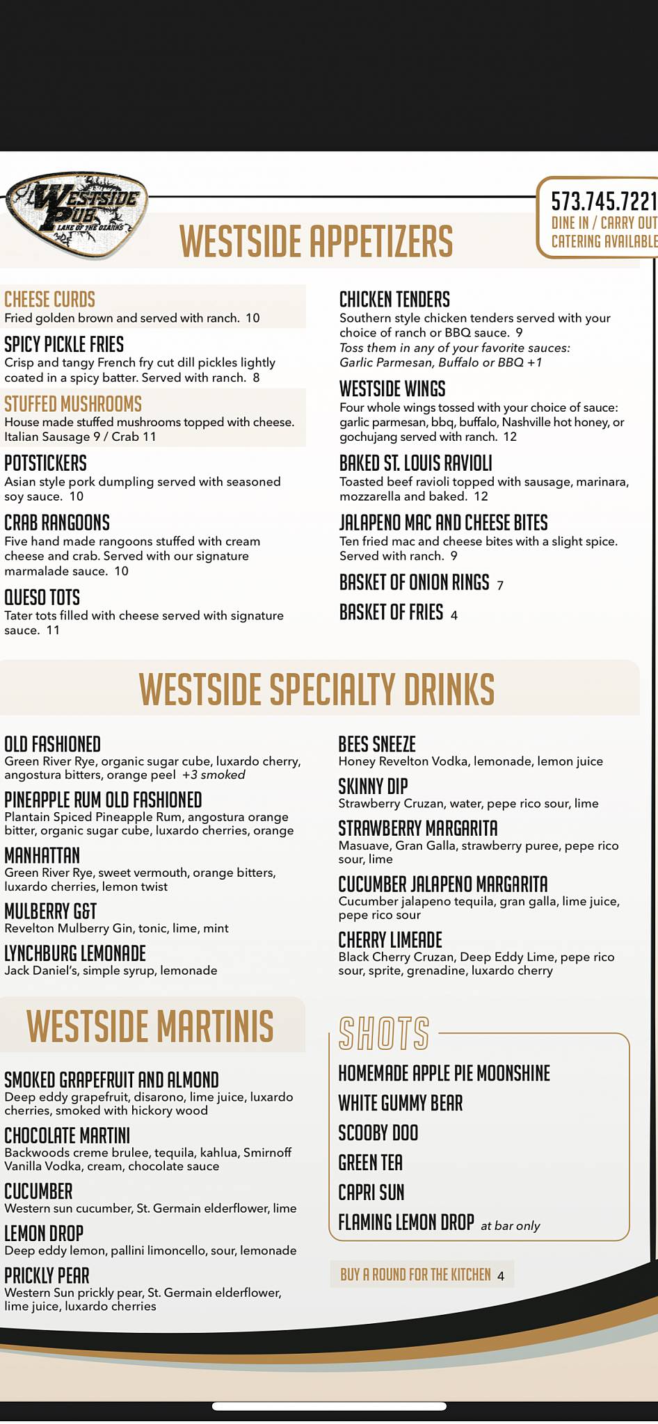 Menu at Westside Pub, Sunrise Beach