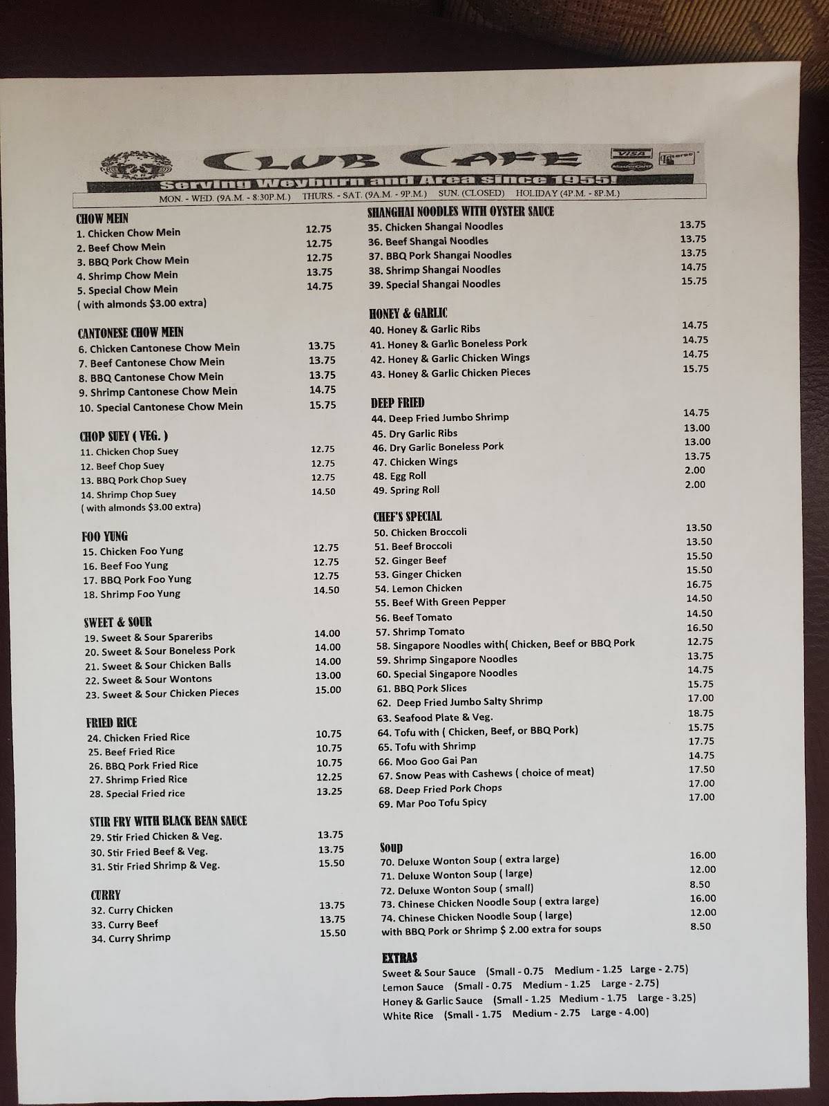 Menu at Club Café, Weyburn