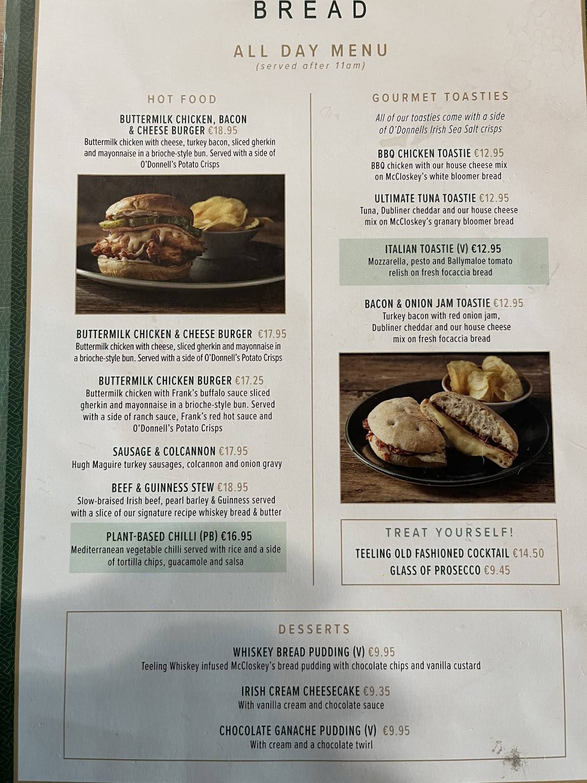 Menu at Whiskey Bread, Dublin Airport T3 pub & bar, Ireland