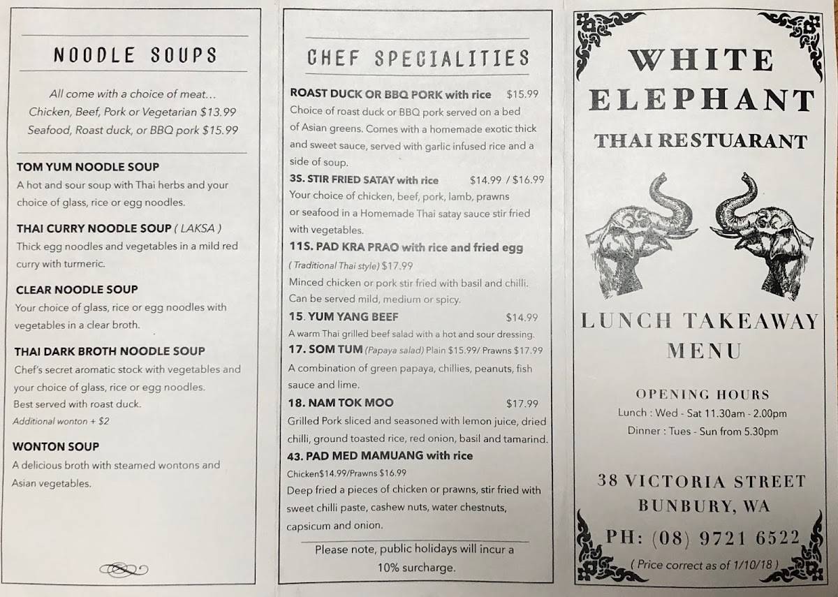 Menu at White Elephant Thai Restaurant, Bunbury