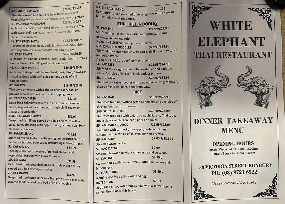 Menu at White Elephant Thai Restaurant, Bunbury