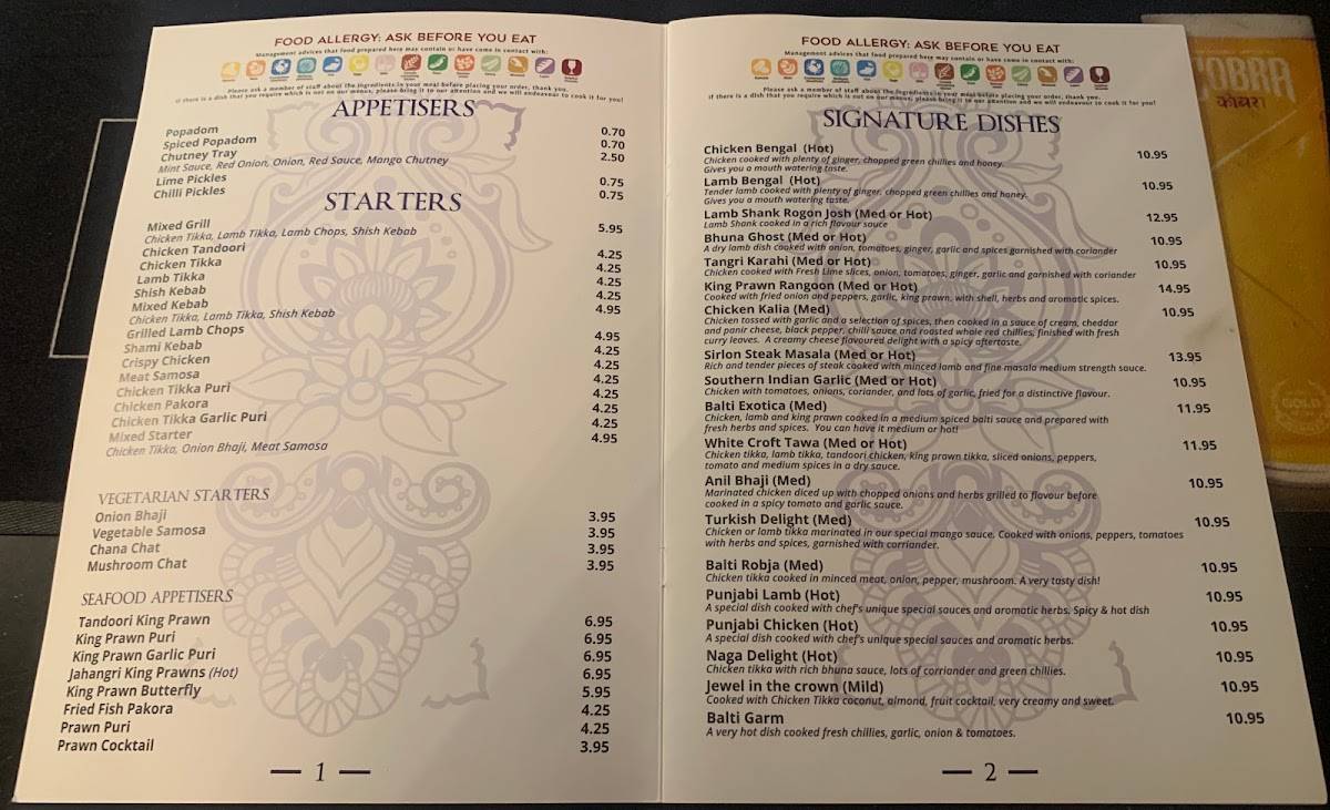 Menu at Whitecroft Indian Bar & Restaurant, Accrington