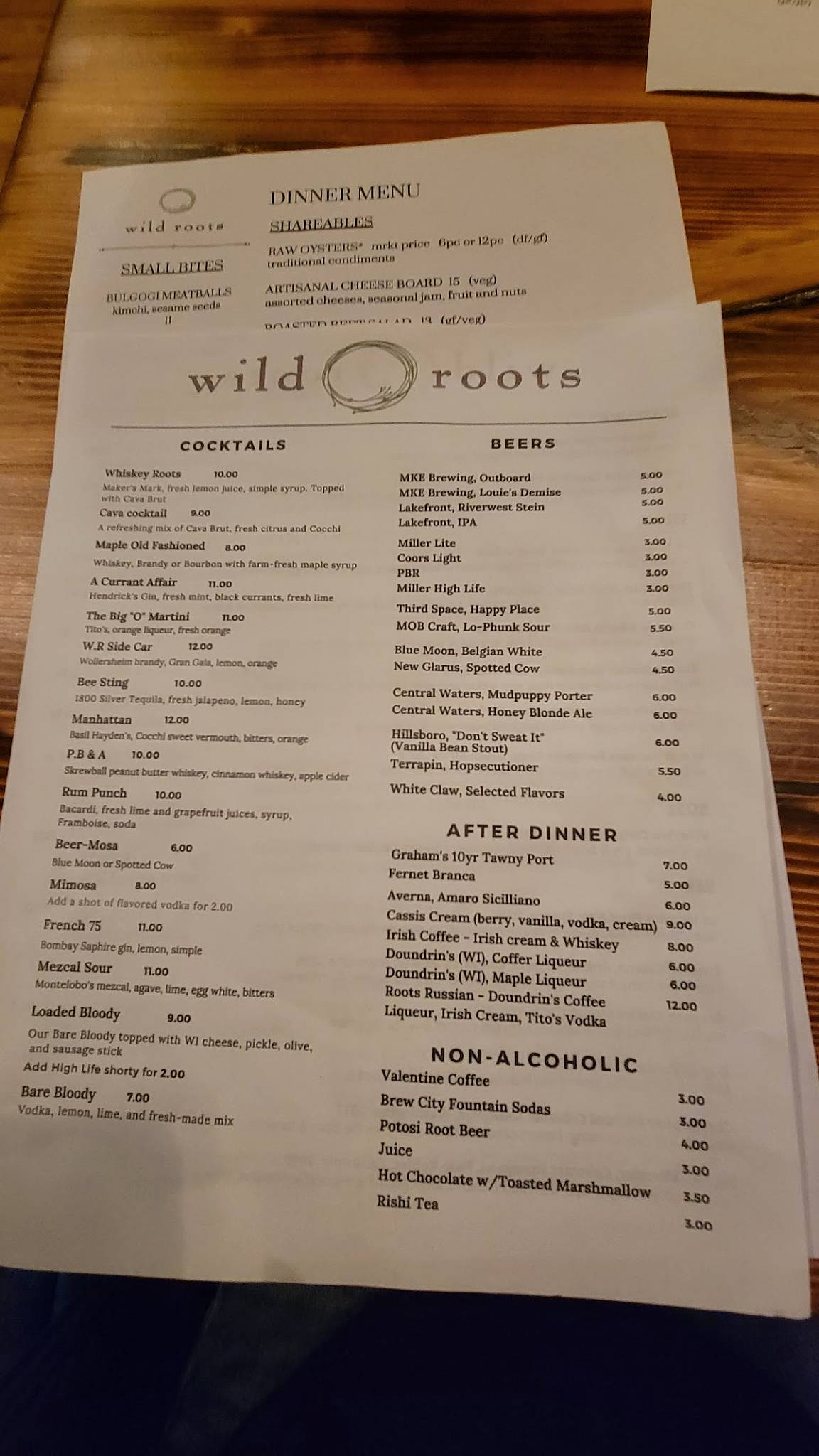 Menu at Wild Roots Restaurant, West Allis