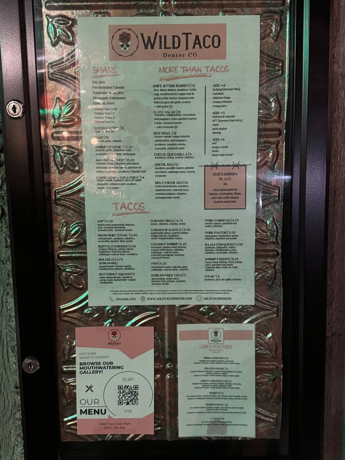 Menu at Wild Taco Denver restaurant, Denver
