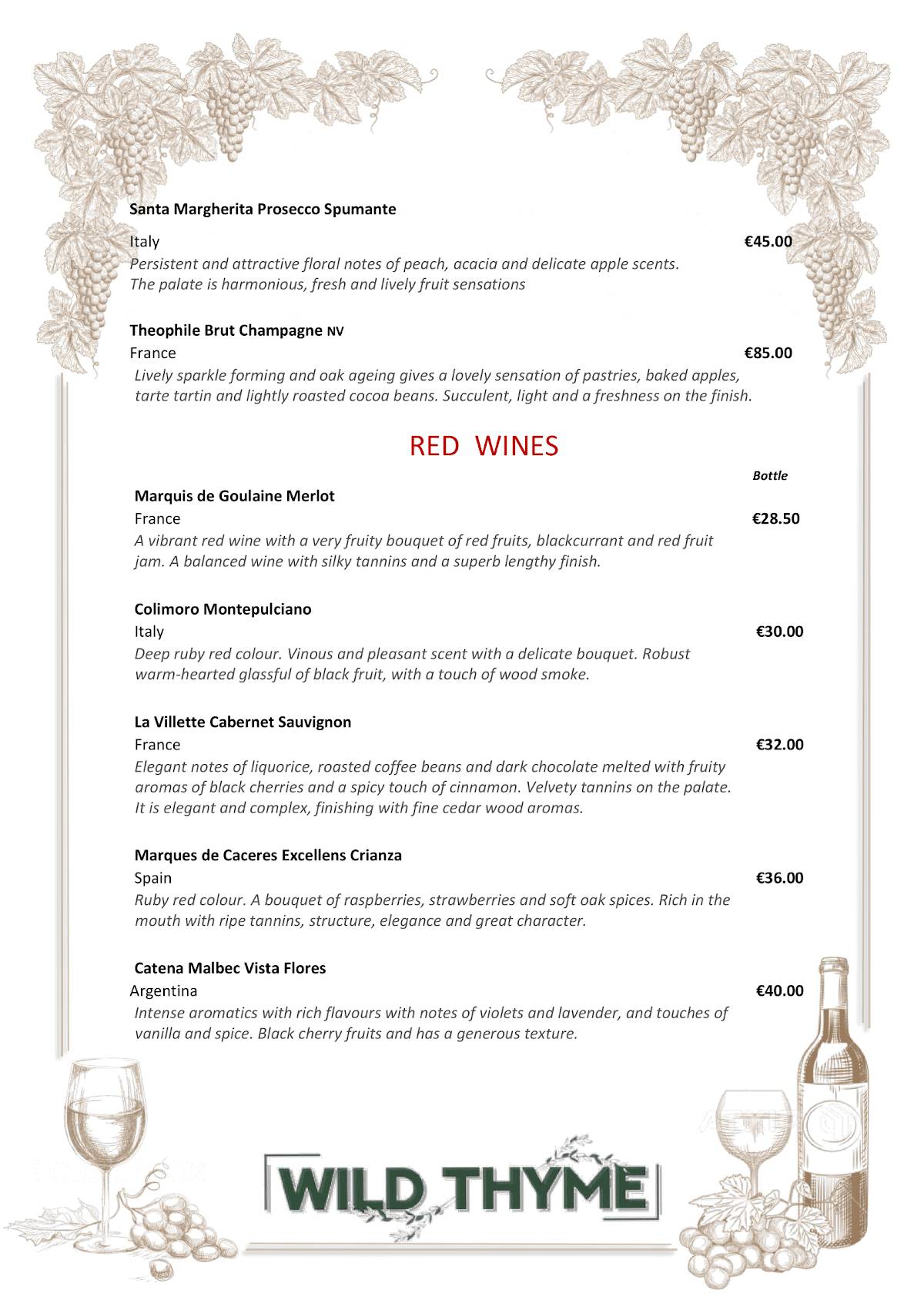 Menu at Wild Thyme Restaurant, Three Mile House