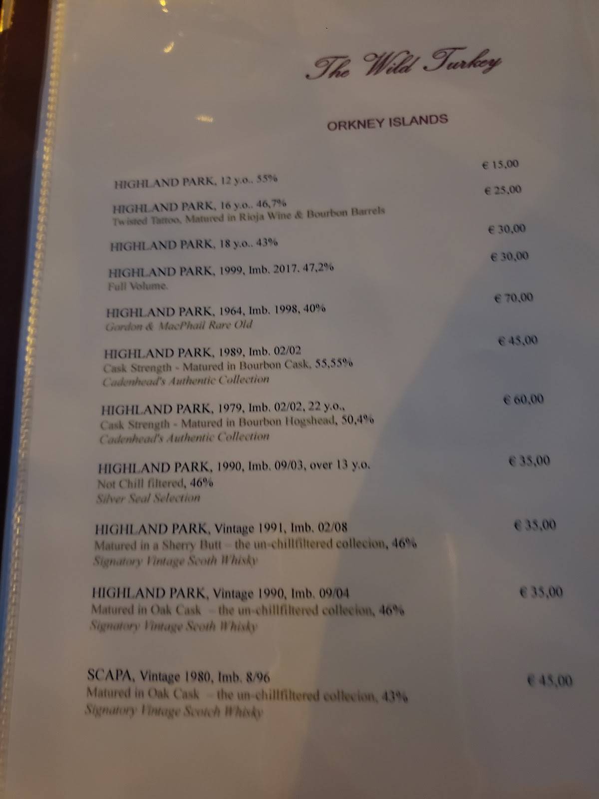 Carta de Wild Turkey Pub, Castelgomberto