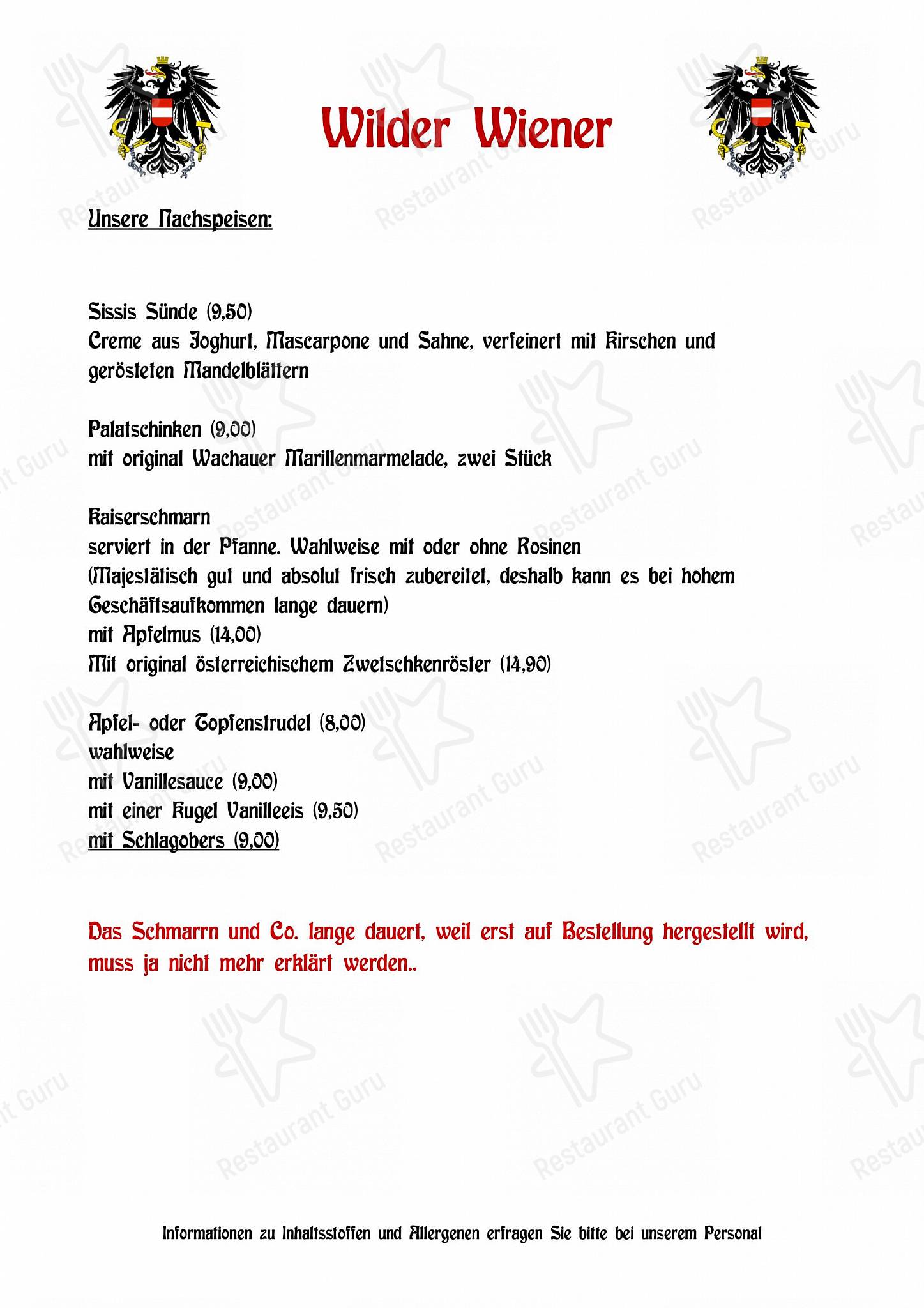 Speisekarte von Wilder Wiener restaurant, Duisburg
