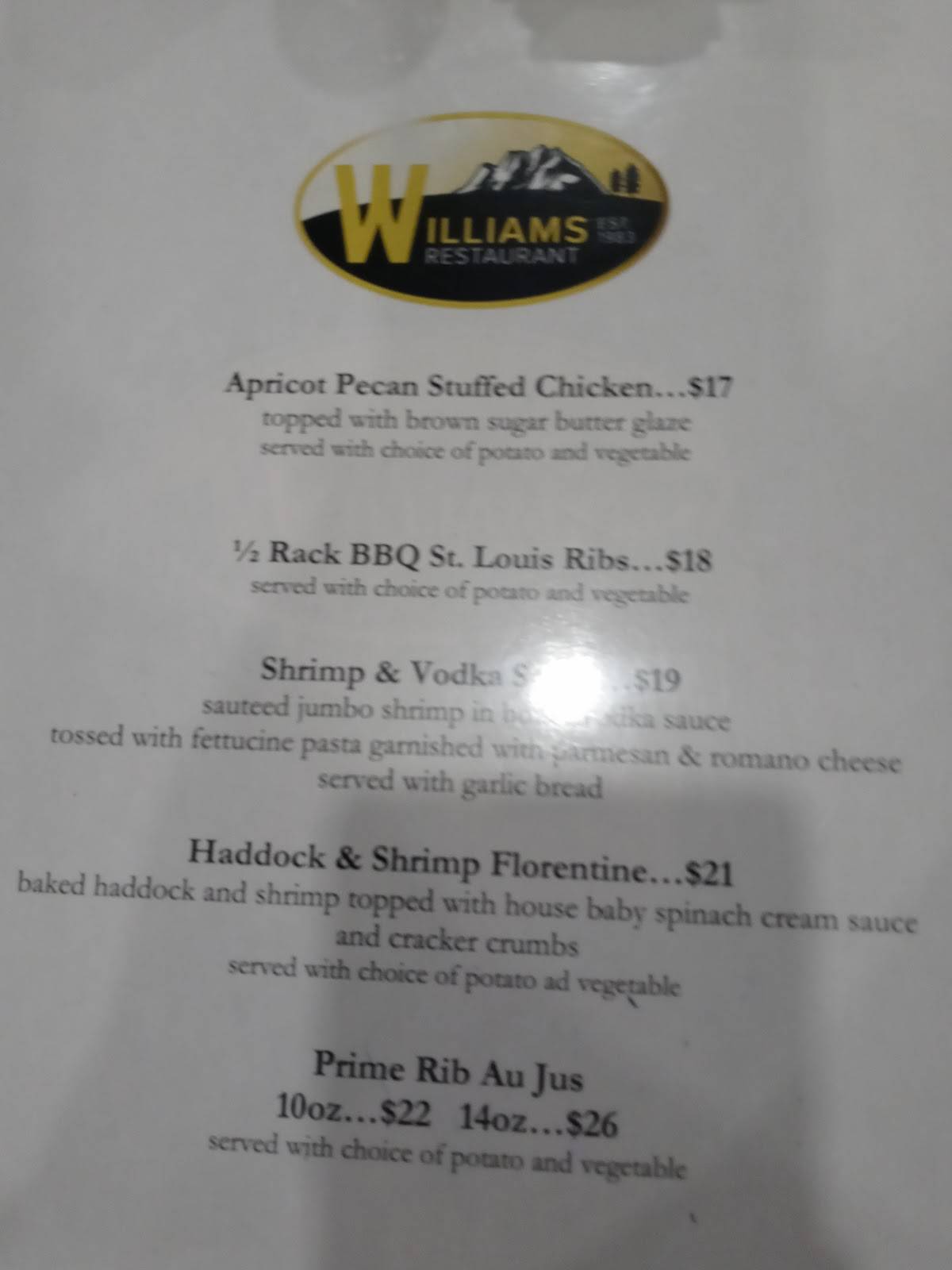 Menu at Williams Restaurant, Gardner