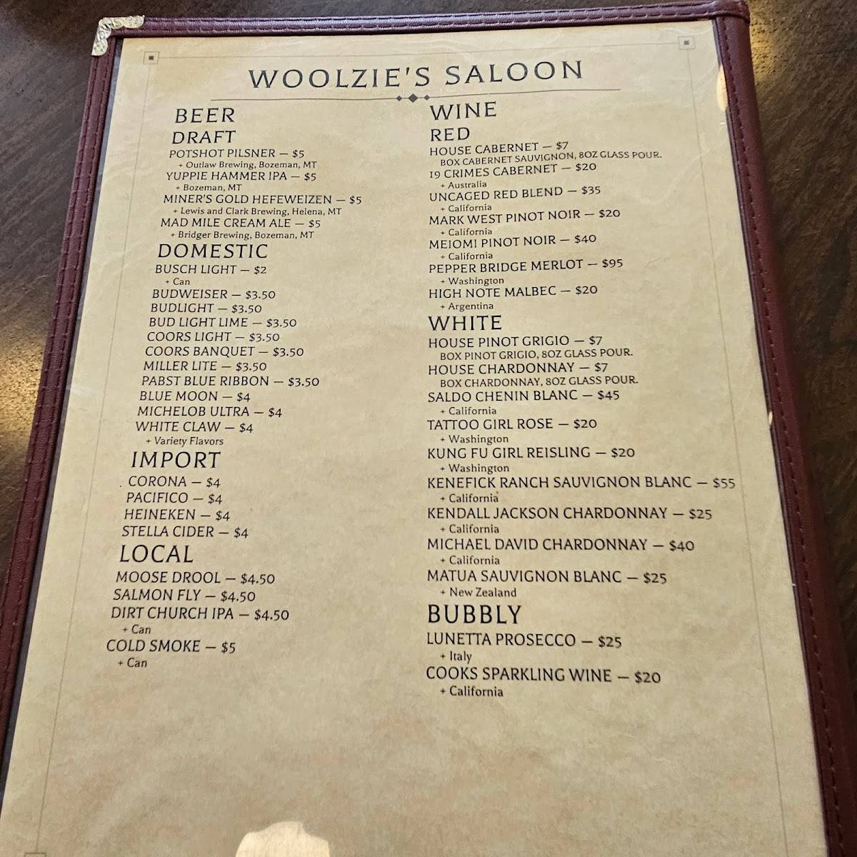 Menu at Woolzie's Willow Creek Cafe & Supper Club, Willow Creek