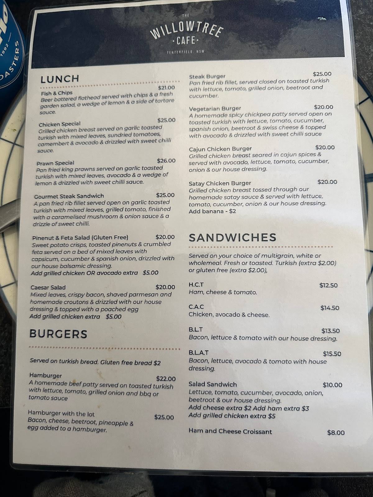 Menu at Willow Tree Cafe, Tenterfield