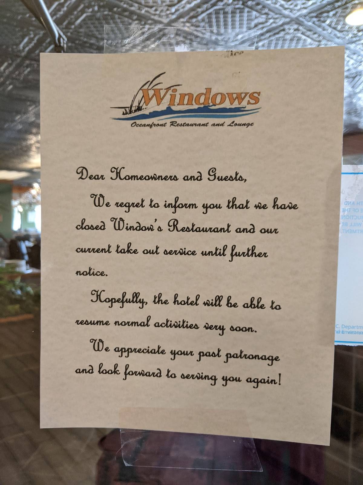 Menu at Windows Restaurant, Myrtle Beach