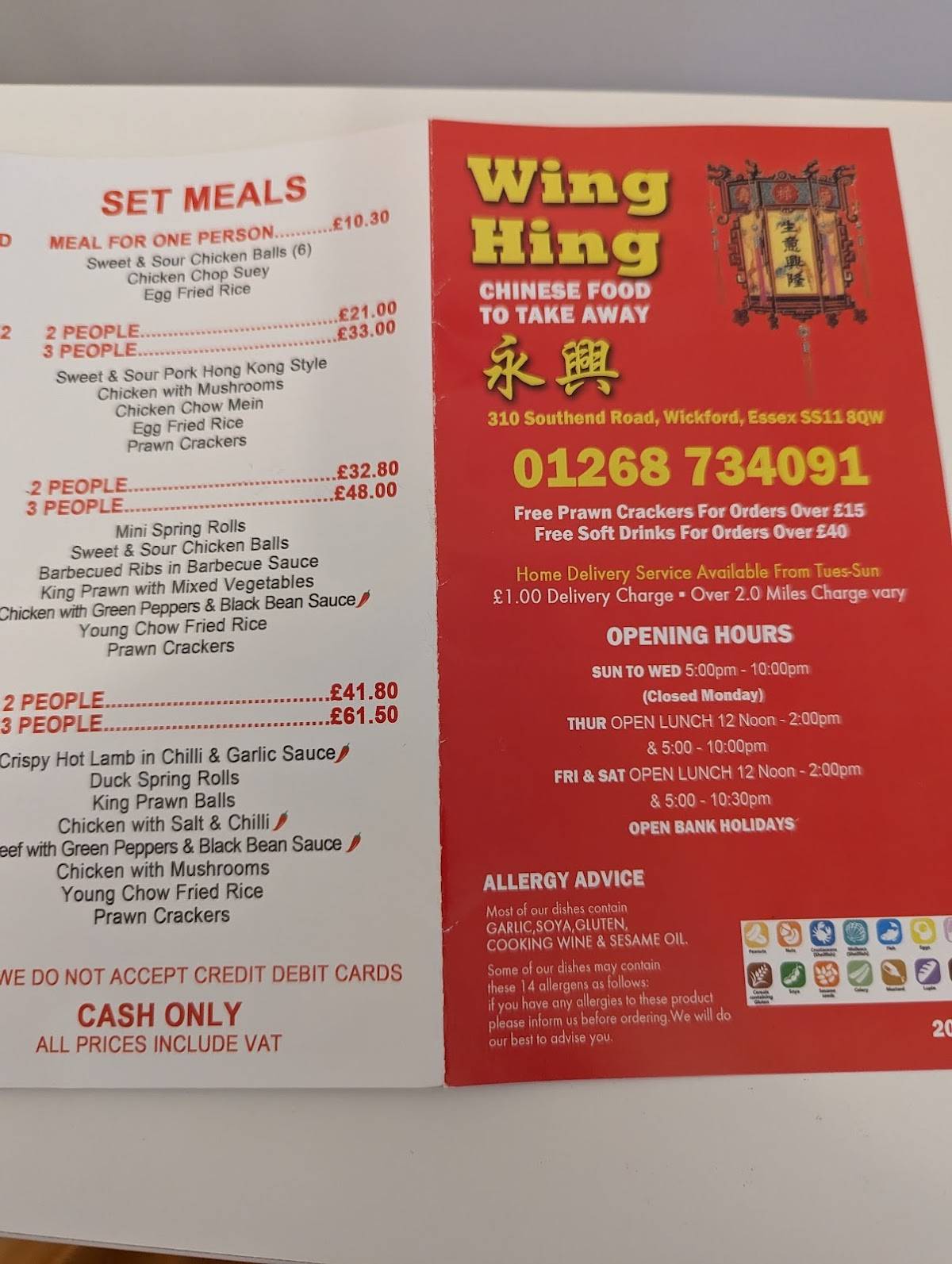 Menu at Wing Hing Chinese fast food, Wickford, 310 Southend Rd