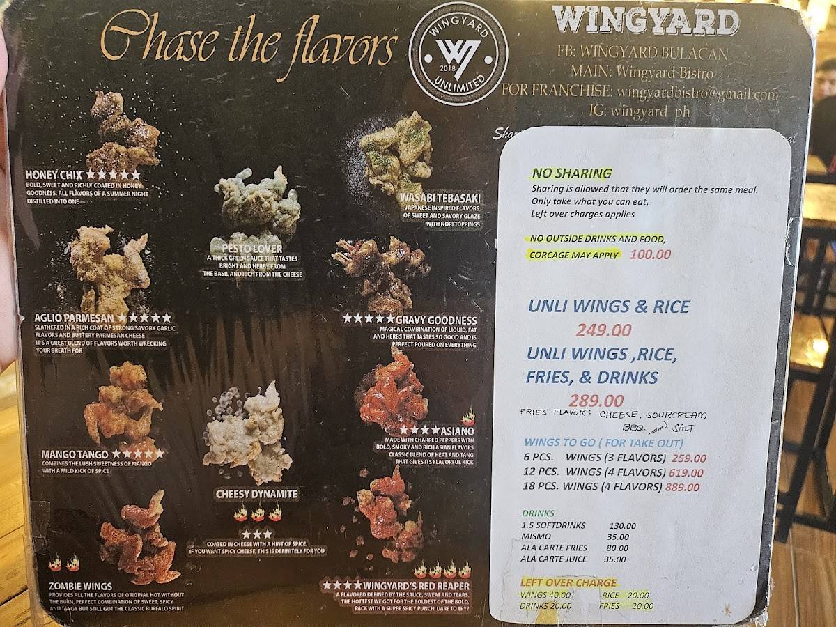 Menu at Wingyard restaurant, San Jose del Monte City