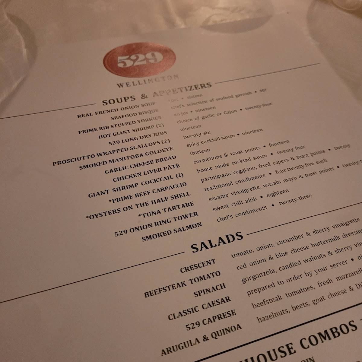 Menu au 529 Wellington Steakhouse, Winnipeg