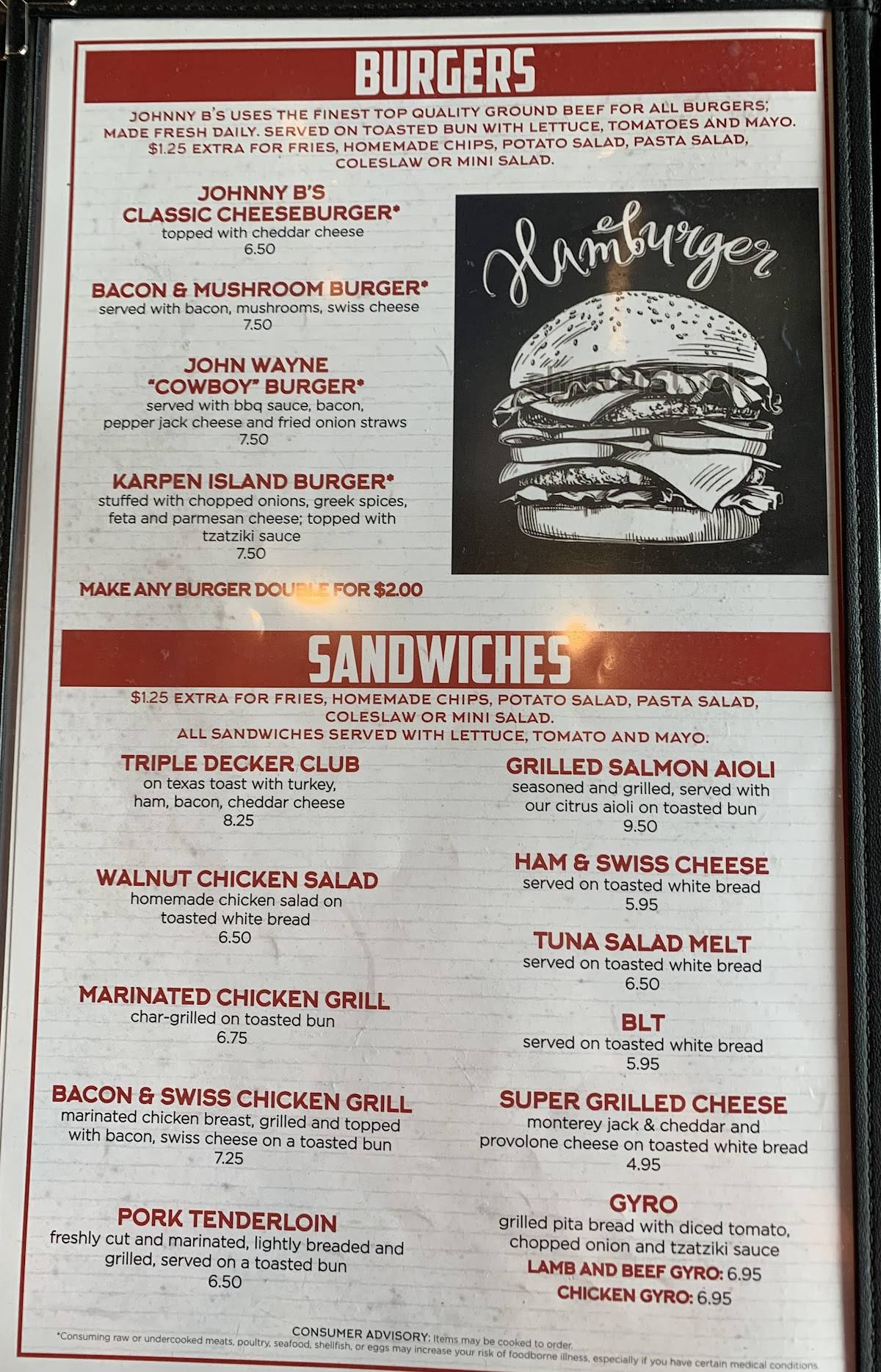 Menu at Johnny B's Grillhouse restaurant, Winston-Salem