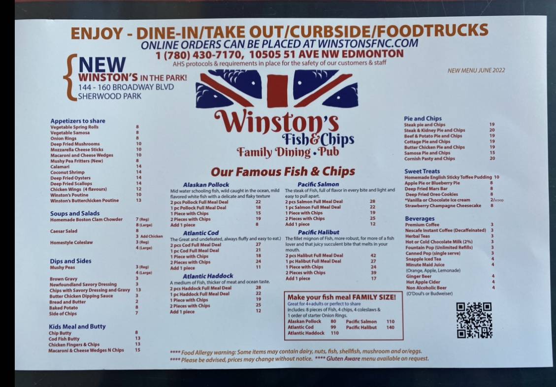 Menu at Winston's Fish & Chips restaurant, Sherwood Park