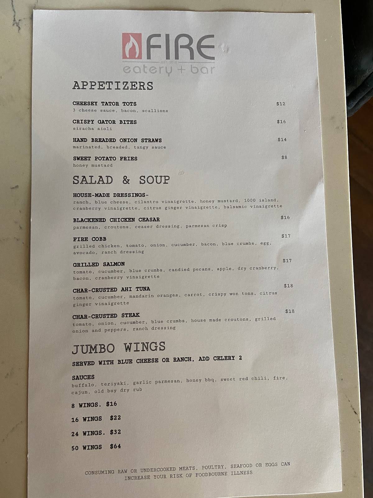 Menu at The Fire Restaurant, Winter Haven