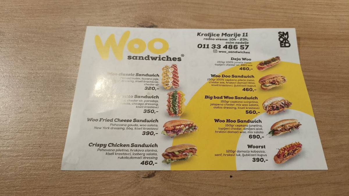 Menu at Woo sandwiches restaurant, Belgrade