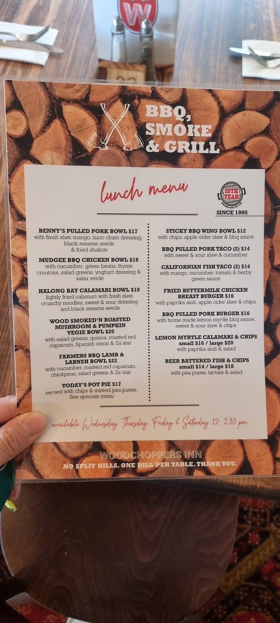 Menu at Woodchoppers BBQ Smoke & Grill, Mudgeeraba