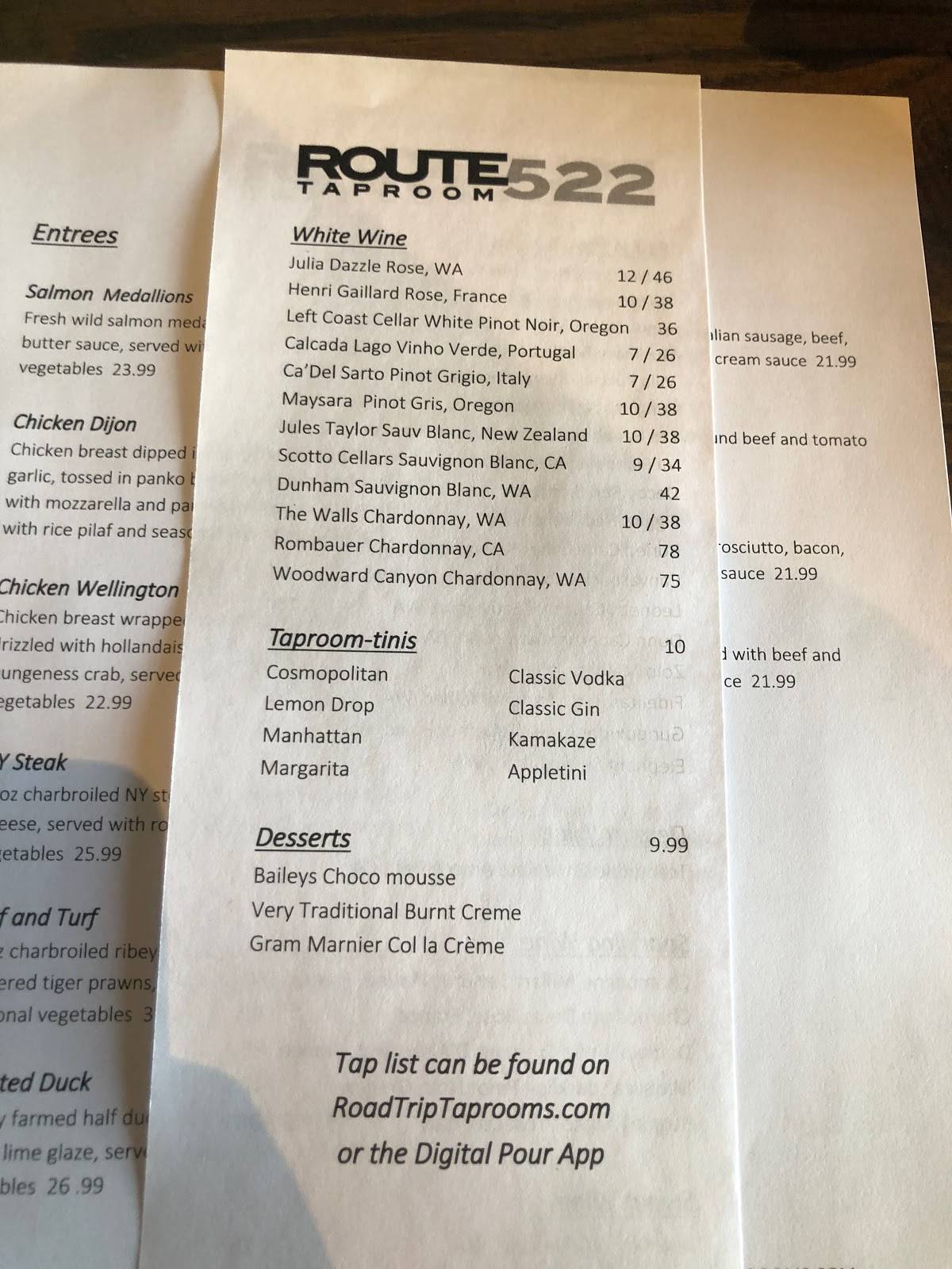 Menu at Route 522 Taproom "The 522" pub & bar, Woodinville