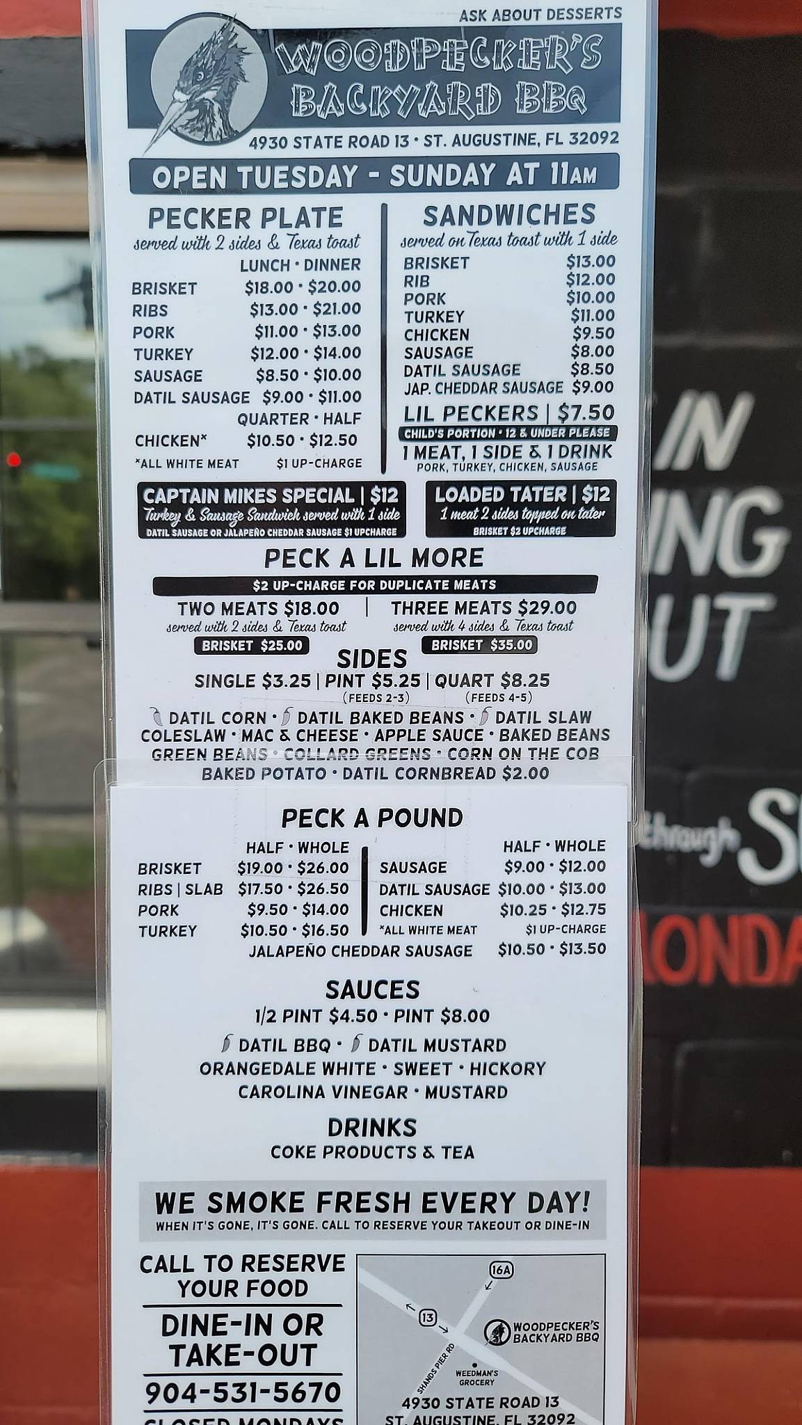 Menu at Woodpeckers Backyard BBQ, Jacksonville