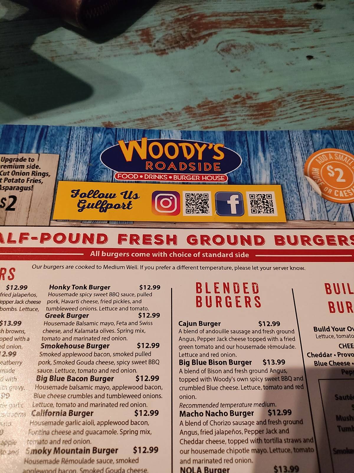 Menu at Woody's Roadside Gulfport pub & bar, Gulfport