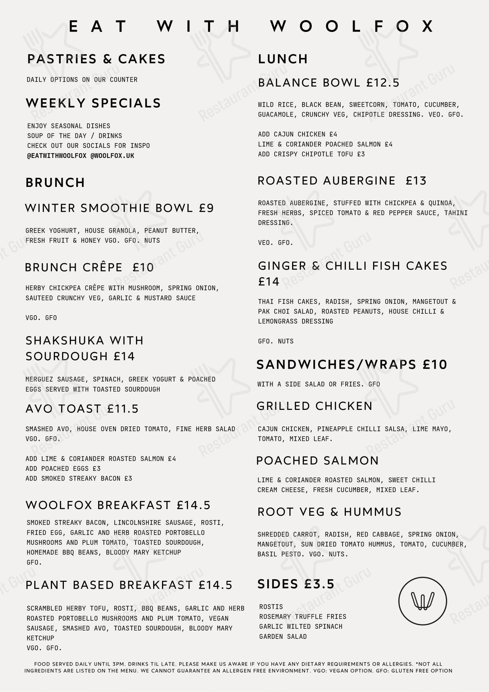 Menu at Woolfox cafe, Peterborough