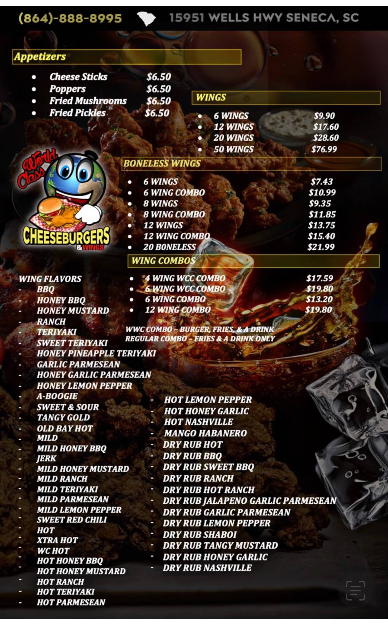 Menu at World Class Cheeseburgers restaurant, Seneca, 15951 Wells Hwy
