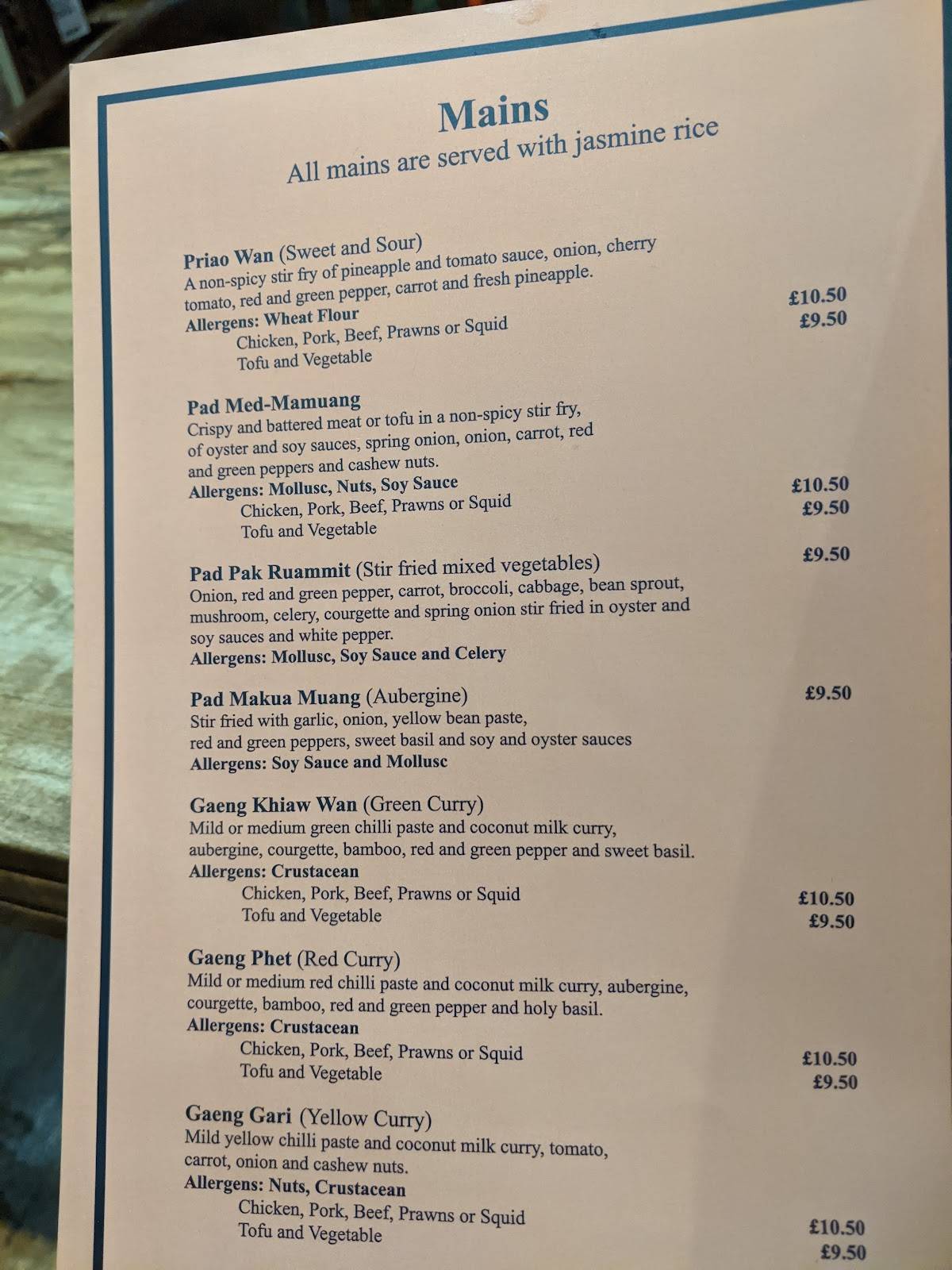 Menu at Thai Street Food restaurant, Worthing