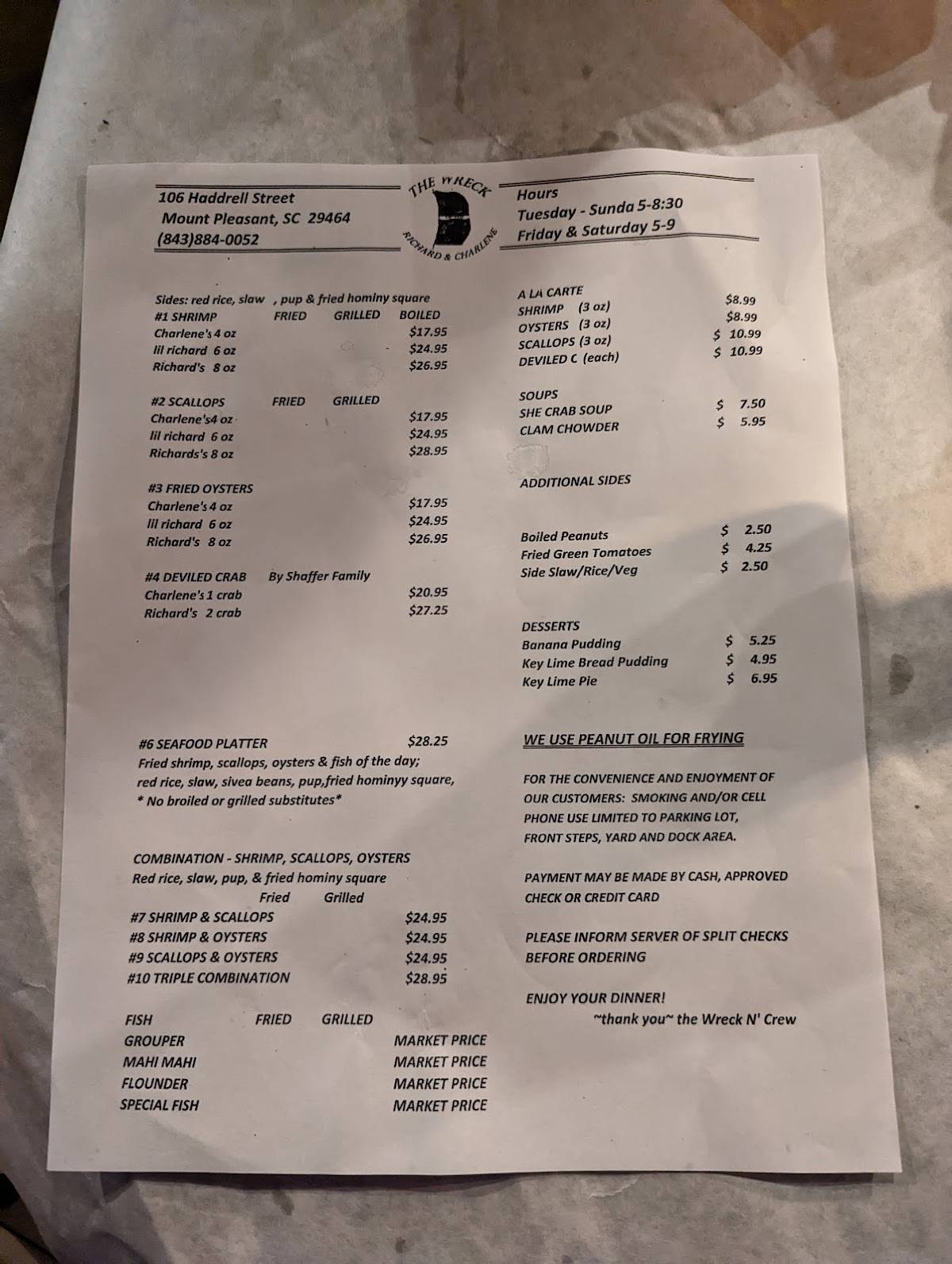 Menu at Wreck of the Richard & Charlene restaurant, Mount Pleasant
