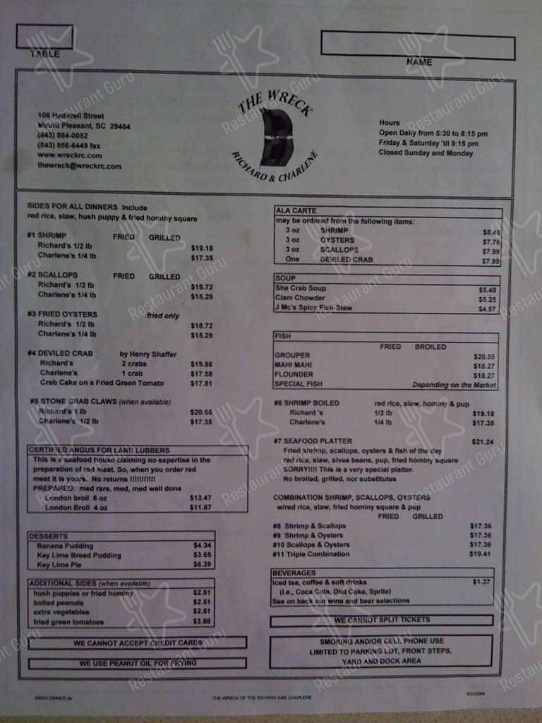 Menu at Wreck of the Richard & Charlene restaurant, Mount Pleasant
