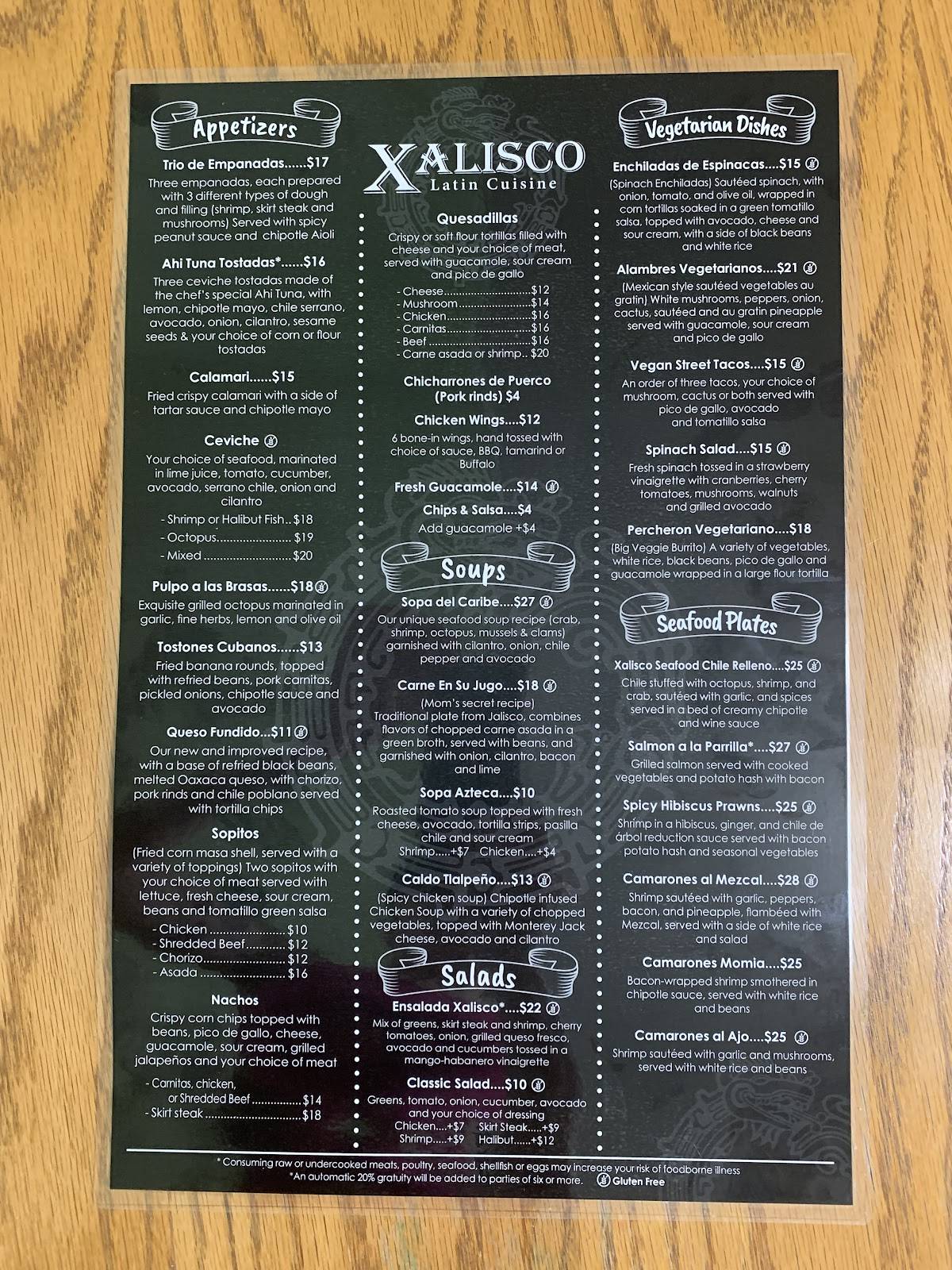 Menu at Xalisco Latin Cuisine restaurant, Redmond