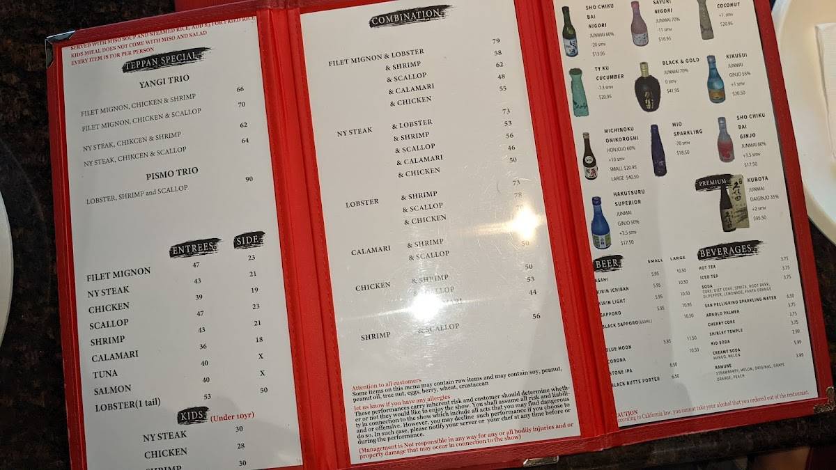 Menu at Yanagi Sushi & Grill restaurant, Pismo Beach