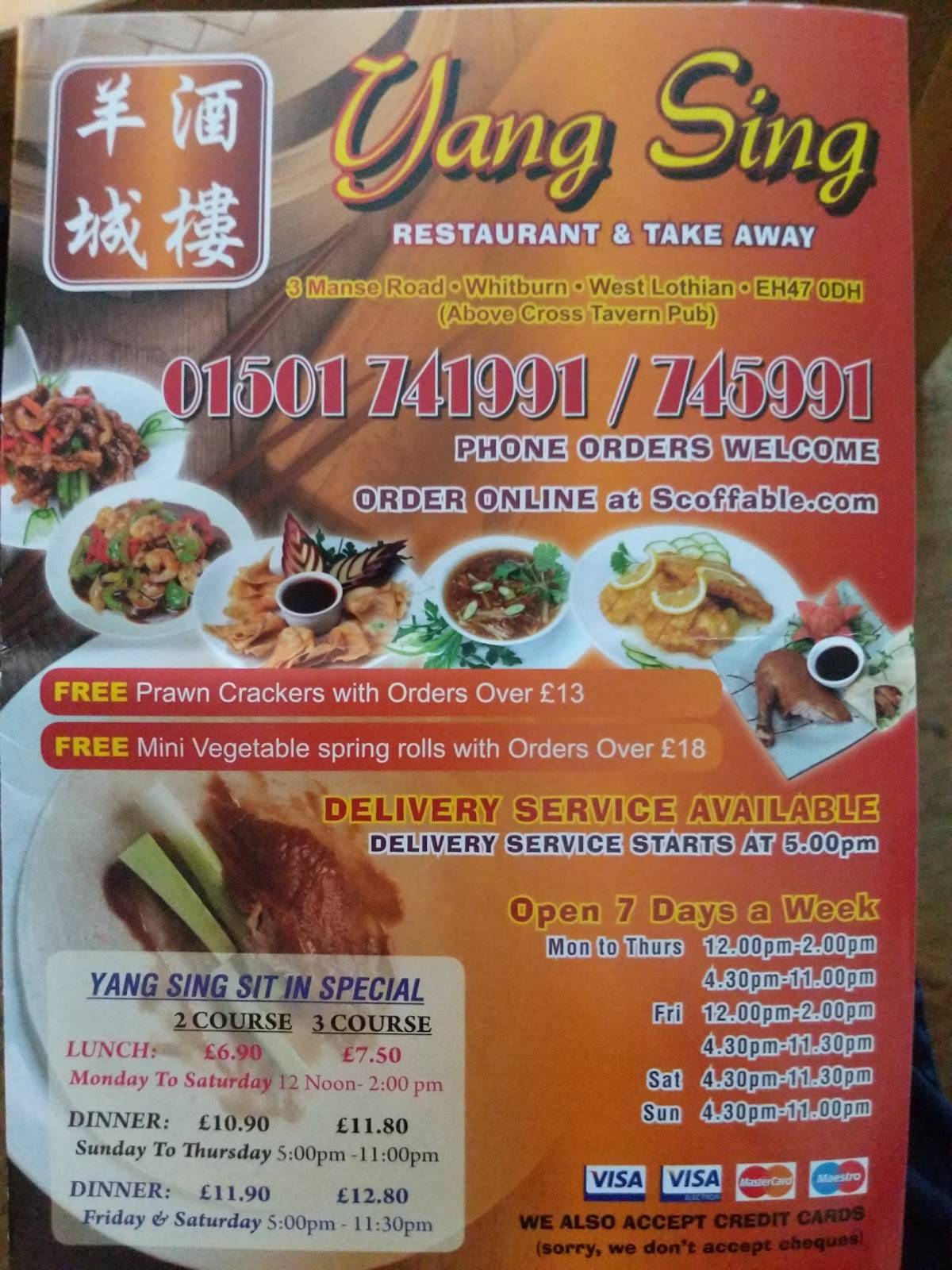 Menu at Yang Sing restaurant, Bathgate