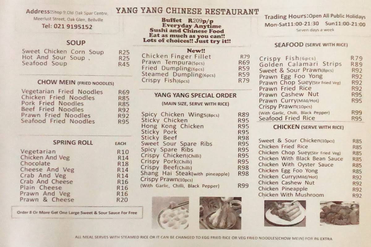 Menu at Yang Yang Chinese Restaurant & Sushi Bar, Cape Town